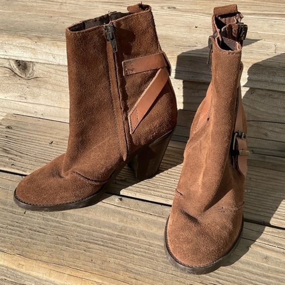 Diesel | Shoes | Diesel Brown Suede Short Moto Stacked Heel Boots Size ...